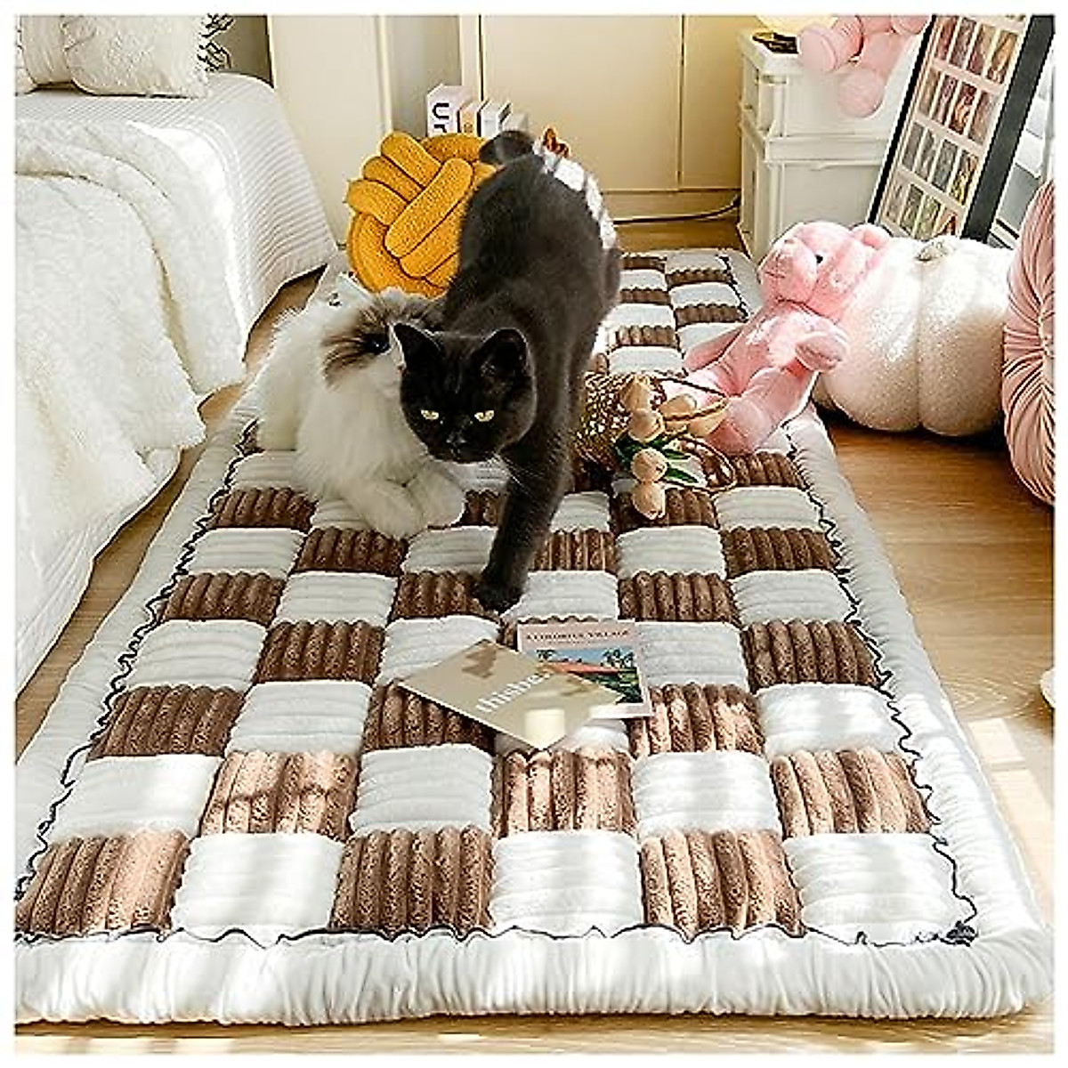 Cream-Coloured Large Plaid Square Pet Mat Bed Couch Cover, Cosy Plush Couch Cover Non Slip Floral for Pets Dogs Bed (Style-4, 27.6x59.06 in)