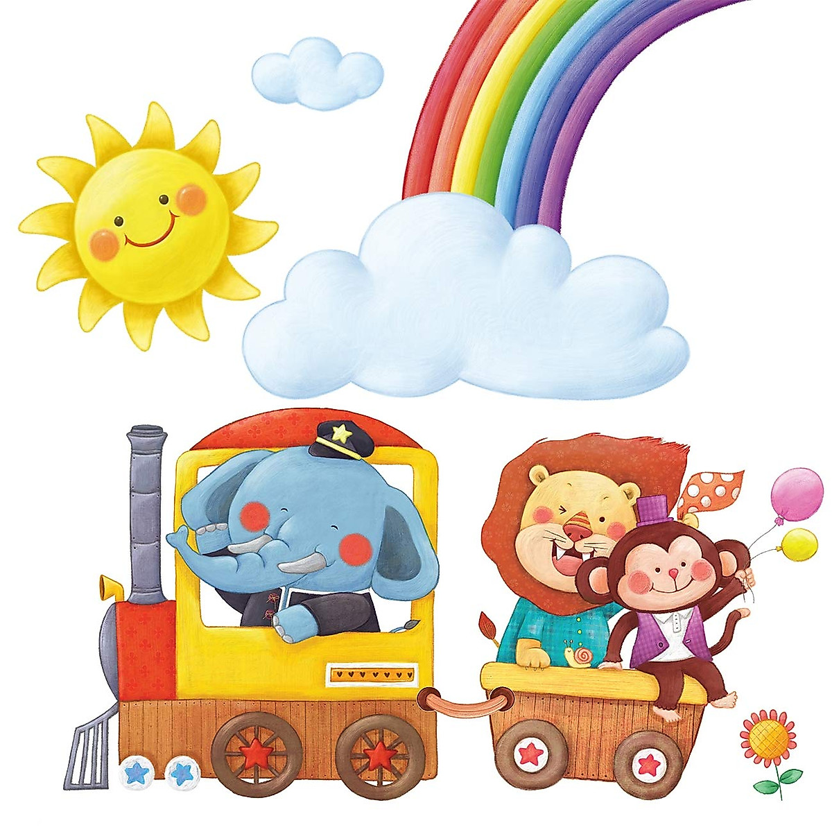 DECOWALL DA-1913P1406A Rainbow and Animal Train Kids Wall Stickers Wall Decals Peel and Stick Removable Wall Stickers for Kids Nursery Bedroom Living Room d?cor