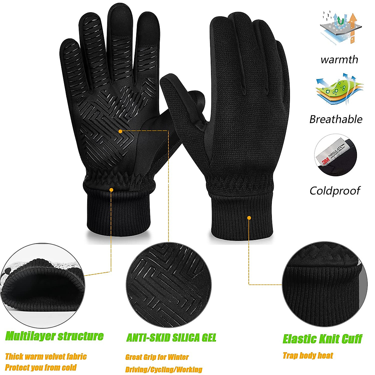 MOREOK Winter Gloves -10°F 3M Thinsulate Warm Gloves Bike Gloves Cycling Gloves for Driving/Cycling/Running/Hiking-BALCK-L