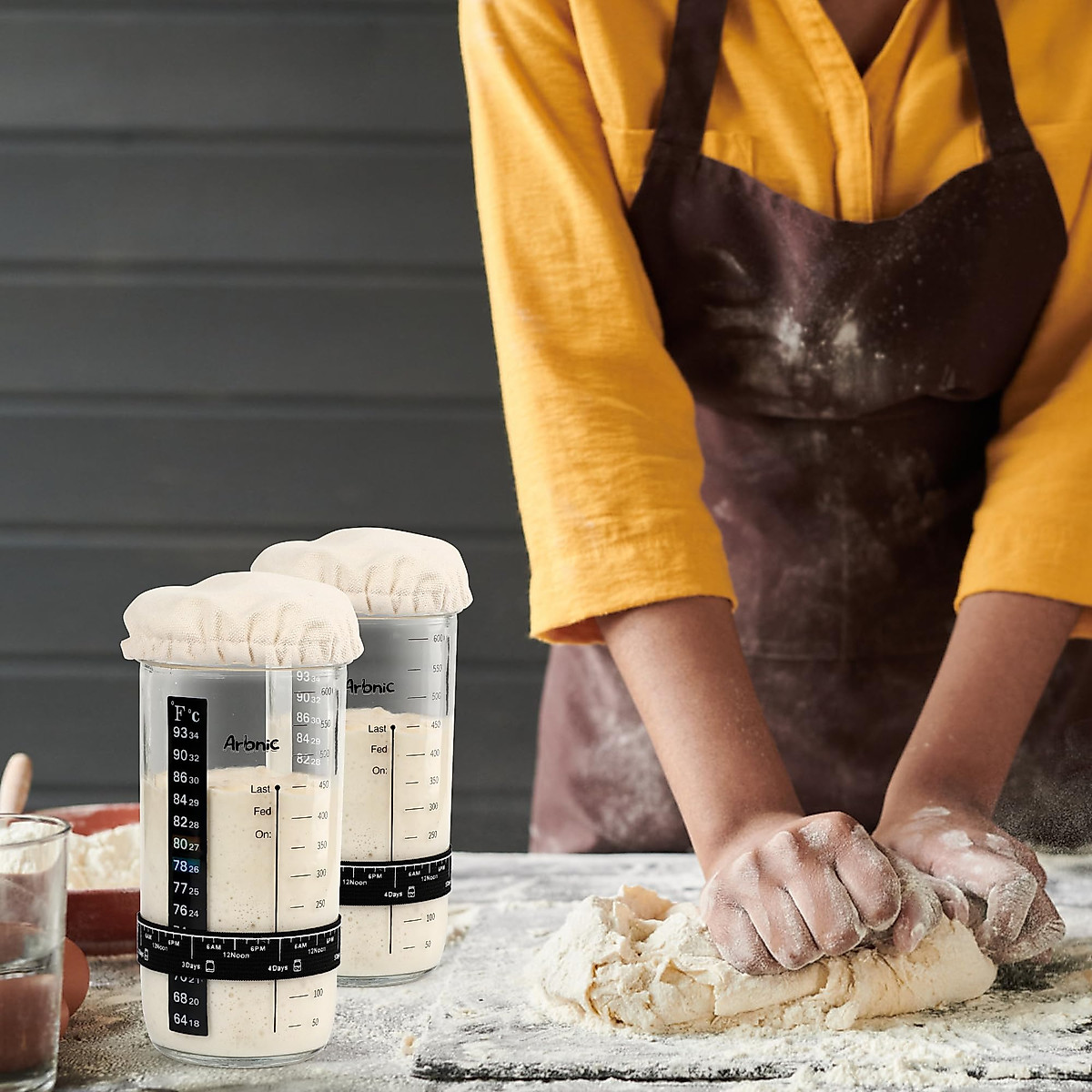 Arbnic Sourdough Starter Kit with 2 Starter Jars, Sourdough Bread Baking Supplies Included Thermometer Band, Level Tracker (with 2 Jars)