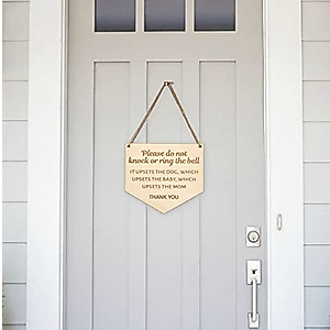 Baby sleeping sign for front door - Please do not knock or ring the bell, it upsets the dog, which upsets the baby, which upsets mom - Do not ring doorbell sign Size 6 x 5.5 (inches), Brown