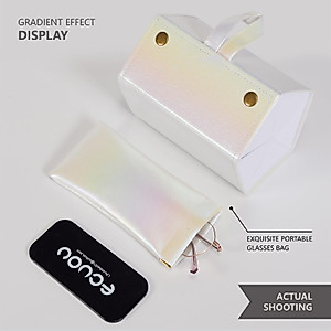 FCUVO Travel Sunglass Organizer, Portable Multiple PU Eyeglass Case, 5-Slot Glasses Storage with Sunglasses Pouch & Mirror (Gradient White)