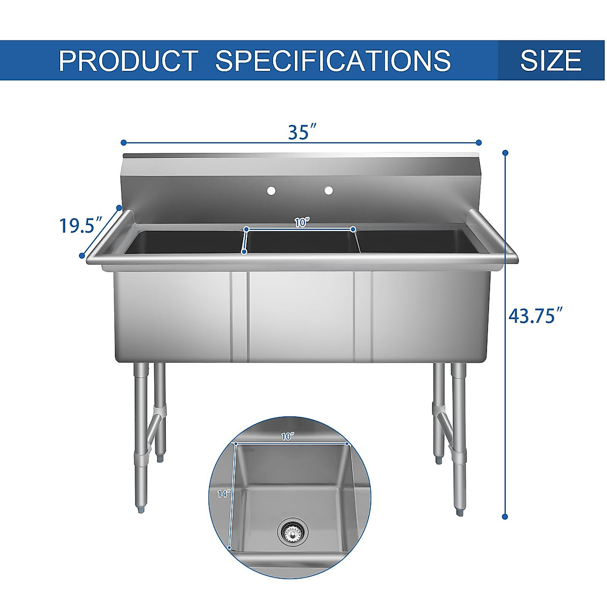 HARDURA Stainless Steel Kitchen Sink With 3 Compartments, Commercial Sink Freestanding NSF Certified Utility Basin 10" L X 14" W X 10" D Bowl For Kitchen & Restaurant, Laundry Room