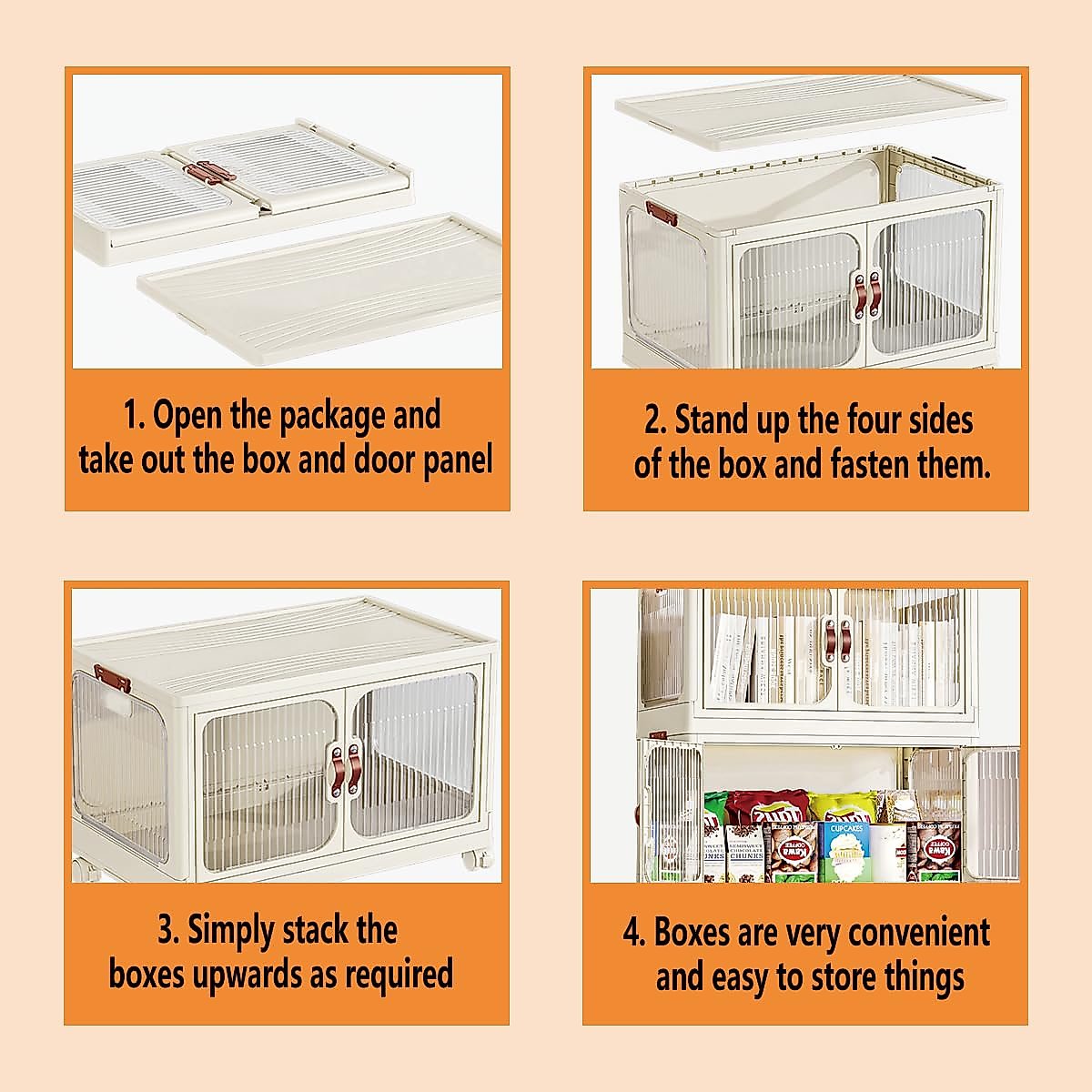Quaocens Plastic Collapsible Storage Bins with Lids and Wheel,3-Tier Foldable Storage Boxes with Doors,Stackable Closet Storage Collapsible Storage Bin Is Suitable for Organizing Books,Clothes
