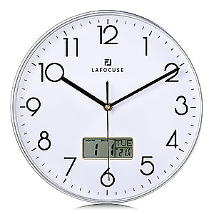 Lafocuse Silver Wall Clock with Date,Month,Day of Week and Temperature, Silent Non-Ticking Battery Operated Clock for Living Room Bedroom Office Decor