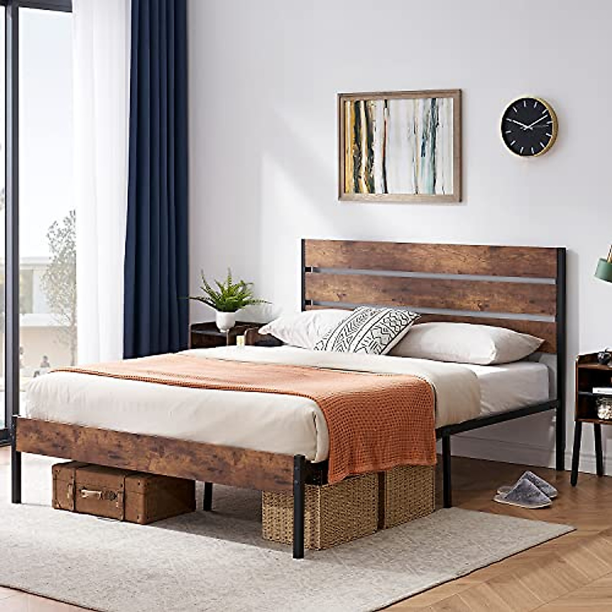 VECELO Platform Full Bed Frame with Rustic Vintage Wood Headboard and Footboard, Mattress Foundation, Strong Metal Slats Support, No Box Spring Needed