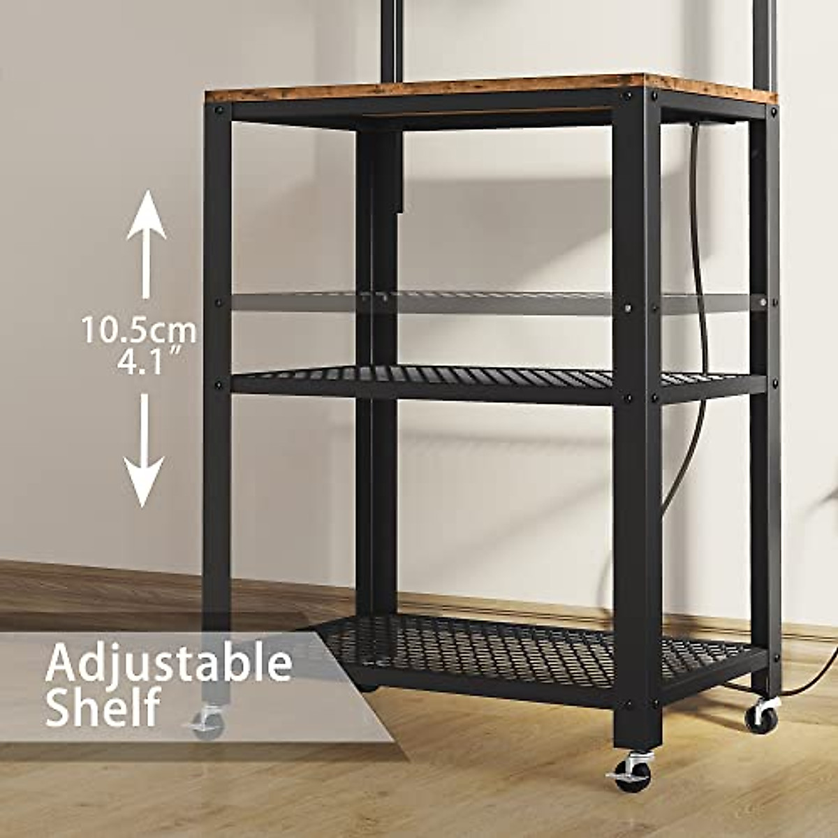 IRONCK Bakers Rack with Power Outlet, Industrial Microwave Cart with Wheels 3-Tier Coffee Bar for Kitchen Living Room Vintage Brown
