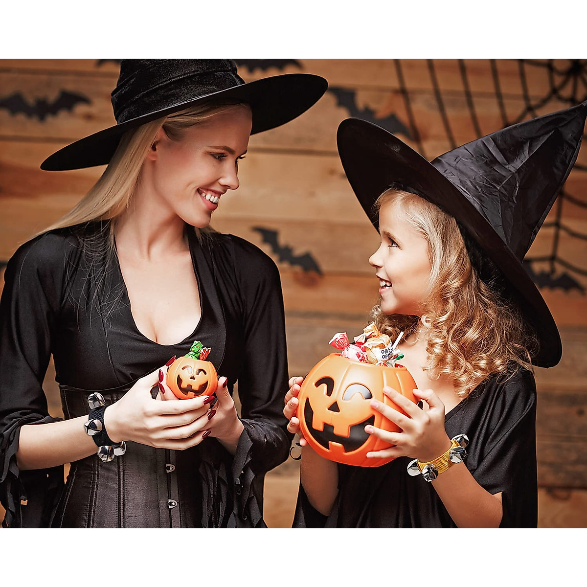 PENTA ANGEL 3Pcs Halloween Wrist Band Jingle Bells Bracelet Musical Instruments for Party Favors Costume Supplies (Black, Orange, Purple)