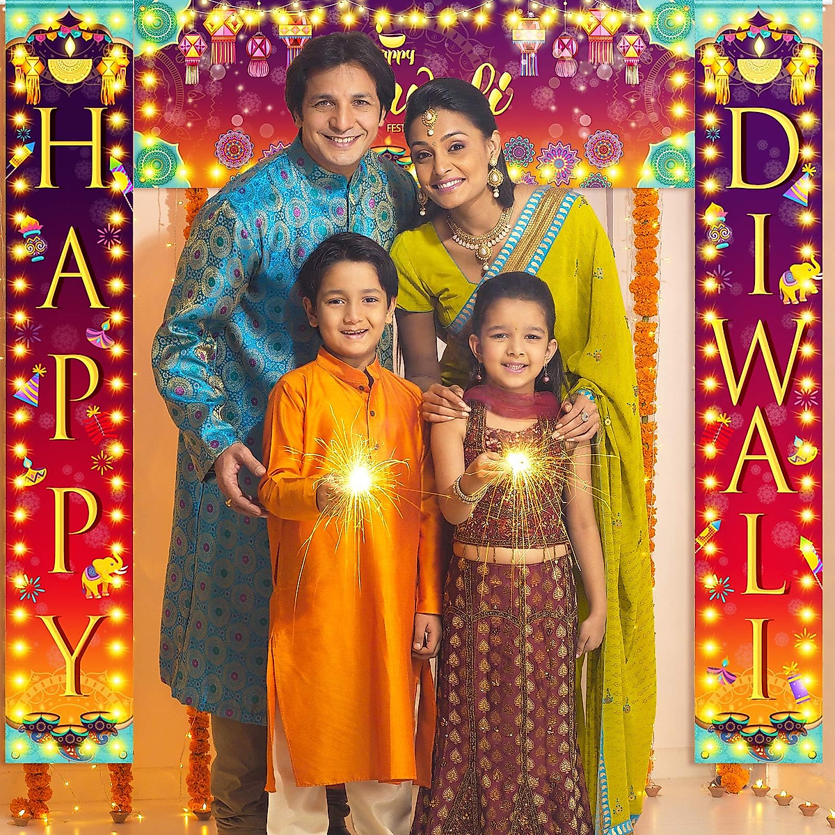 VitalCozy 3 Pcs Lighted Diwali Party Decorations Happy Diwali Banner Couplets Include 6 Light Strings Diwali Porch Sign Banner Flag for Door Porch Signs Wall Hanging Decor Supplies