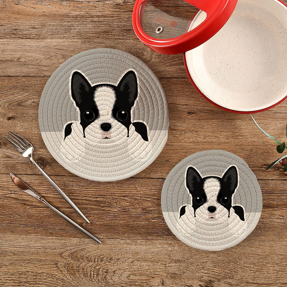Dog Boston Terrier Puppy Pot Holders for Kitchen Cotton Round Holder Set of 2 Heat Resistant Trivets Coasters Pure Cotton Thread Weave for Hot Dishes