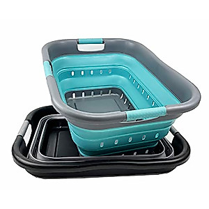 SAMMART 41L (10.8 gallon) Set of 2 Collapsible 3 Handled Plastic Laundry Basket-Foldable Pop Up Storage Container/Organizer-Space Saving Hamper/Basket (Alloy Grey + Crystal Blue)