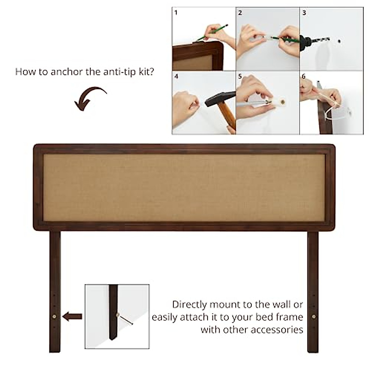 Bme Nipe Queen Headboard ONLY, Boho Bohemian Coastal Style with Solid Wood, Easy Assembly, Walnut