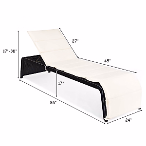 Tangkula Outdoor Chaise Lounge Chair, 5-Position Adjustable Rattan Recliner Chair w/Cushioned Seating and Adjustable Feet, Multifunctional Couch Furniture for Garden, Patio, Poolside (1, Off-White)