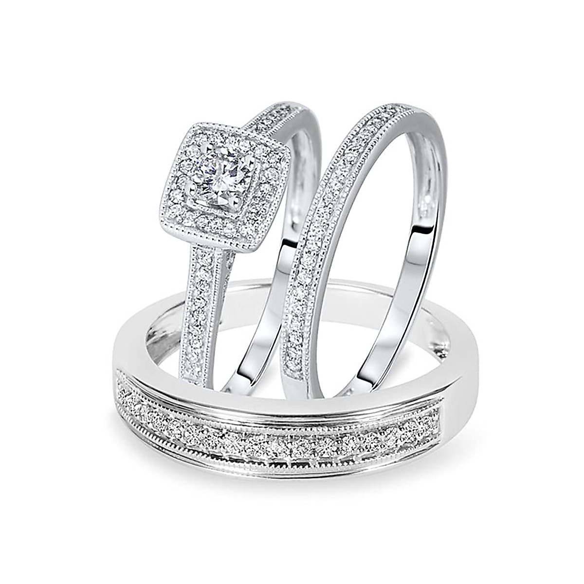 YDD 1/2 CT. T.W. Round-Cut Moissanite Couple Ring for His Hers Bridal Sets Engagement Rings Sets for Women, Men Vintage Halo Wedding Engagement Ring Band in 925 Sterling Silver Free Engraved