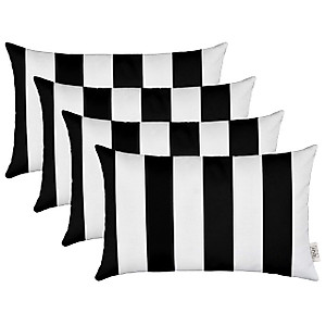 RSH DECOR: Lumbar Throw Pillows Set of 4 | 20” x 12" | All-Weather Spun Fabric | Water and Fade-Resistant | Outdoor Support Pillows for Patio Furniture | Black & White Stripe