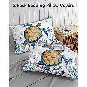 Edwiinsa Ocean Turtle Pillow Covers Standard Size Set of 2 20x26 Bed Pillow, Beach Nautical Coastal Blue Starfish Shell Coral Plush Soft Comfort for Hair/Skin Cooling Pillowcases with Envelop Closure