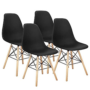ExAchat A Set of 4 Scandinavian Design Plastic Dining Chairs with Natural Beech Legs for Dining Room, Bedroom, Lounge or Office. (Black)