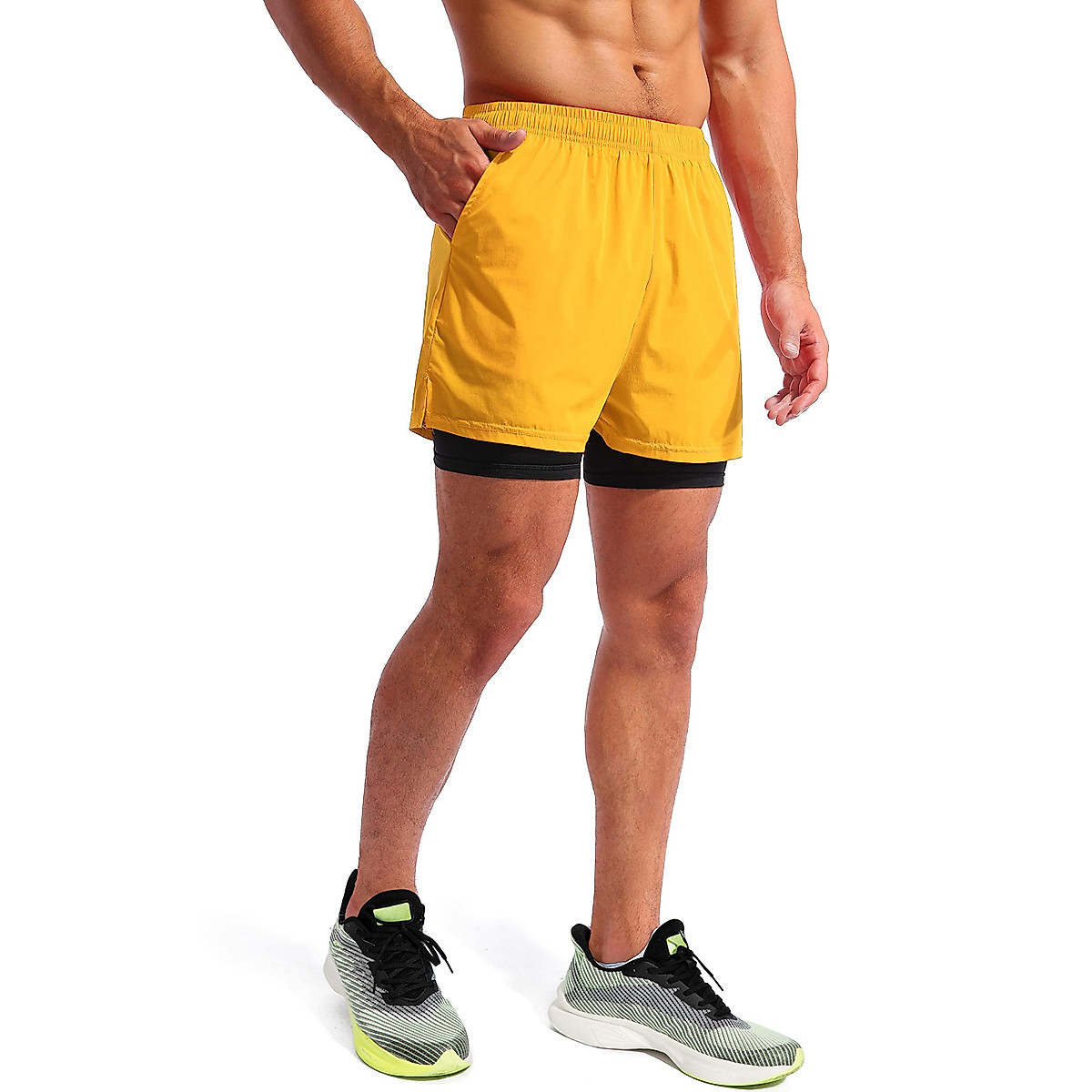 Pudolla Men’s 2 in 1 Running Shorts 5" Quick Dry Gym Athletic Workout Shorts for Men with Phone Pockets(Flame Orange Large)