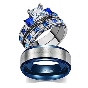 Bridal sets Wedding Ring Sets His And Hers Promise Ring Couples Bridal Sets Women 925 Sterling Silver Square Cz Man Titanium Wedding Bands