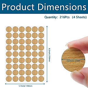 Waziaqoc 216pcs Self-Adhesive Screw Hole Stickers (Maple), 4-Table Sheets Screw Covers Caps PVC Dustproof Round Stickers for Wooden Furniture - 21mm/0.83inch
