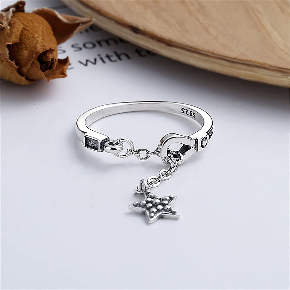 NewZenro Vintage Star Chain Tassel Asymmetric Tiny Open Rings Dainty 925 Sterling Silver Adjustable Small Thin Statement Finger Rings Minimalist Charm Dangle Expandable Knuckle Rings for Women Bff