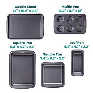 Baker's Secret Stackable Baking Set of 5 Bakeware Pans, Bakeware Set, Baking Pan Set Includes Muffin Pan, Roaster Pan, Square Pan, Cookie Sheet, Loaf Pan, Easy Store, Dishwasher Safe, Baking Supplies