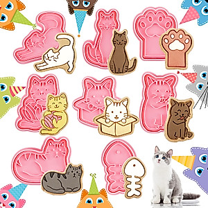8 Pcs Cat Cookie Cutters with Plunger Stamps Set 3D Cat Paw Shape Biscuit Cutter Funny Cartoon Cookie Stamps Stamped Embossed Cat Cookie Cutters for Treats DIY Cookie Cake Baking Supplies