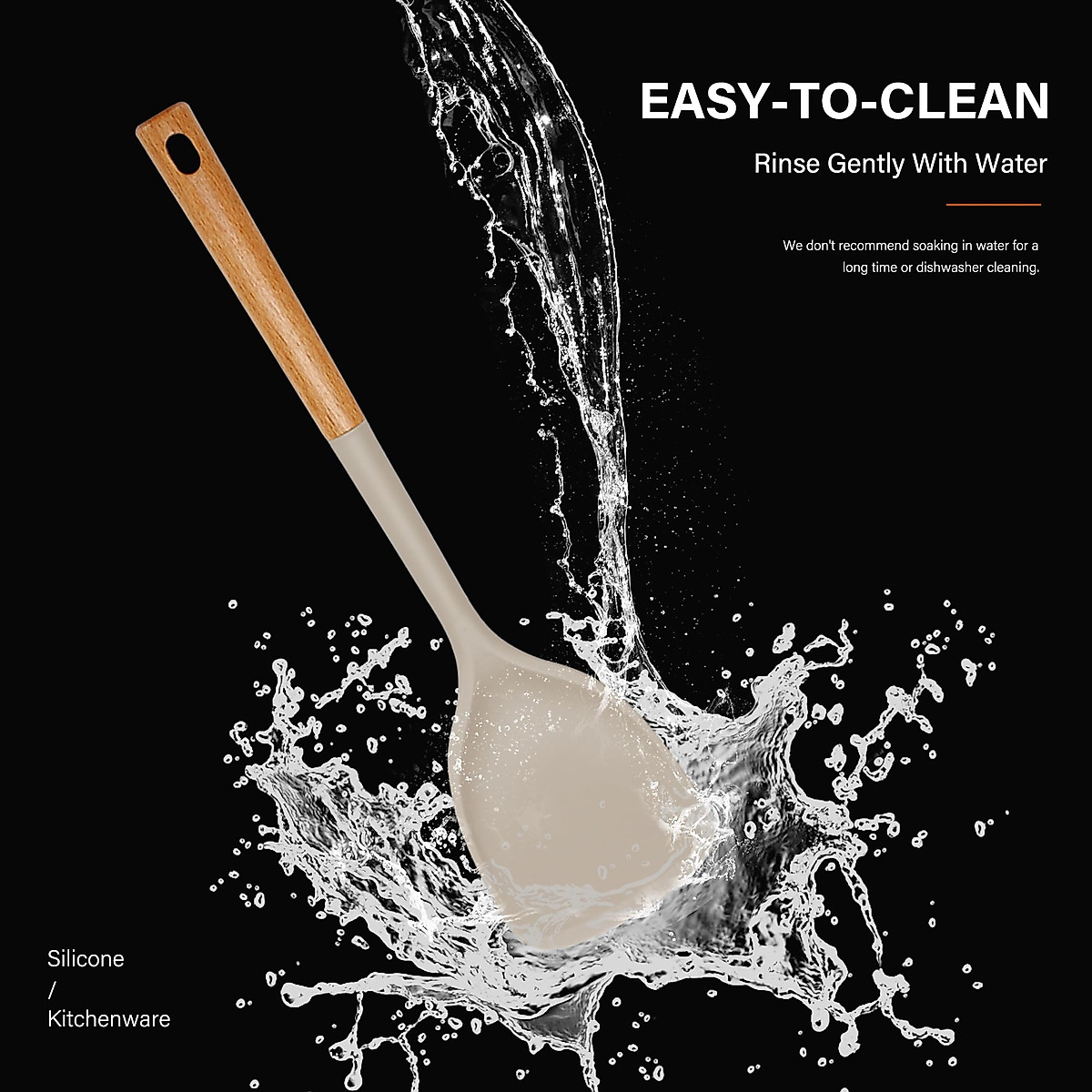 Hvygss Silicone Cooking Utensils Set, Heat Resistance Kitchen Utensils Set with Long Wooden Handle, BPA-free Large Silicone Spatula, Kitchen Tools for Non Stick Frying Pans and Pots, 6 Pcs（Khaki）