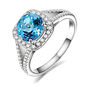 Kardy Natural Blue Topaz Gemstone Real Diamond Solid 14K White Gold for Women Lady Wedding Engagement Ring Set