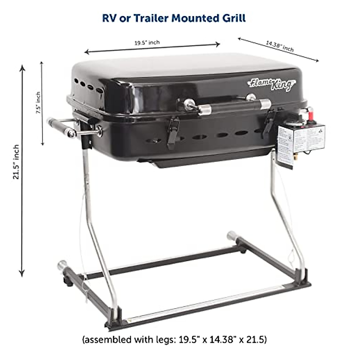 Flame King RV Or Trailer Mounted BBQ - Motorhome Gas Grill - 214 Sq Inch Cooking Surface - Adjustable Flame Controller & 48 Inch Quick Connect Hose