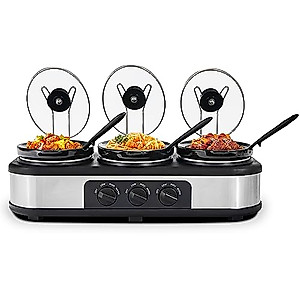 Triple Slow Cooker, Buffet Server Food Warmer, 3 * 1.5QT Slow Cooker with Ceramic Pot, 3 Modes Adjustable Temp, Dishwasher Safe, Removeable Glass Lid and 3 PVC Spoons,Stainless Steel