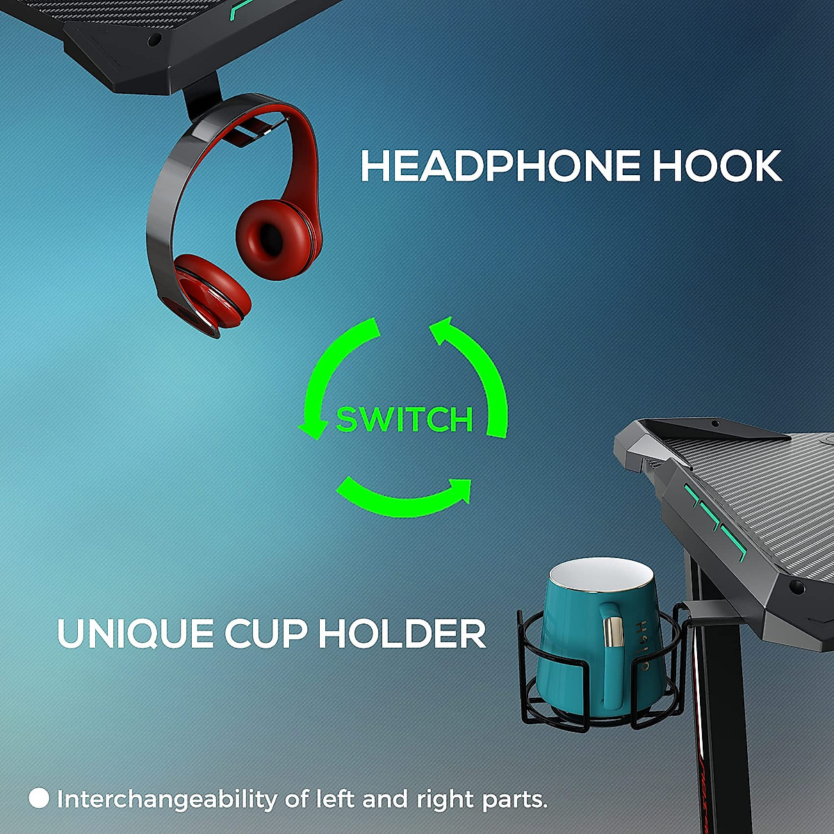 EUREKA ERGONOMIC Computer Desk, Gaming Desk with LED Lights 44.5 inch, Home Office Z Shaped Gaming Computer Desk Table with Mouse Pad Headset Hook Controller Stand Cup Holder, Black