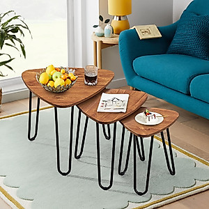 VECELO 3-Piece Nesting Coffee Tables with Metal Frame, Triangle Stacking Nightstand Home Furniture Set for Living Room, Easy Assembly,Rustic Brown