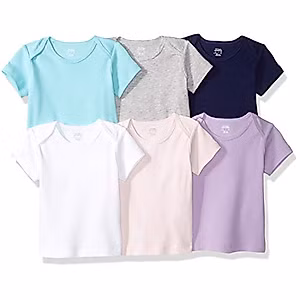 Amazon Essentials Unisex Babies' Lap-Shoulder Tee, Pack of 6, Aqua Blue/Grey Heather/Navy/Pink/Purple/White, 24 Months