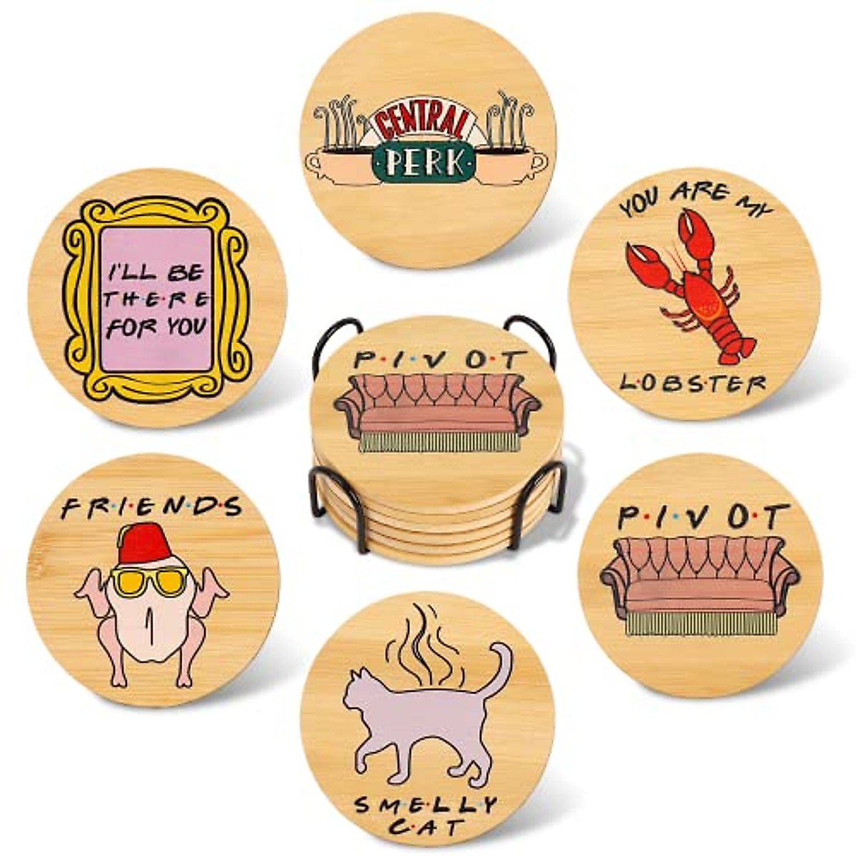 Puluole Friends Coasters for Drinks,Friends TV Show Merchandise,Funny Coasters Set with Coaster Holder,Bamboo Coasters for Coffee Table,Friends TV Show Decor,Friends TV Show Gifts(6 PCS)
