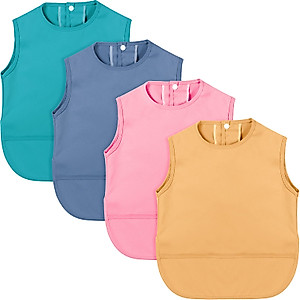 Zhanmai 4 Pcs Baby Apron Bib, Waterproof Bibs for Baby Feeding Apron Baby Bib Girl Boy Smock with Pocket, 6 to 12 Months Baby Feeding Bibs, 4 Colors