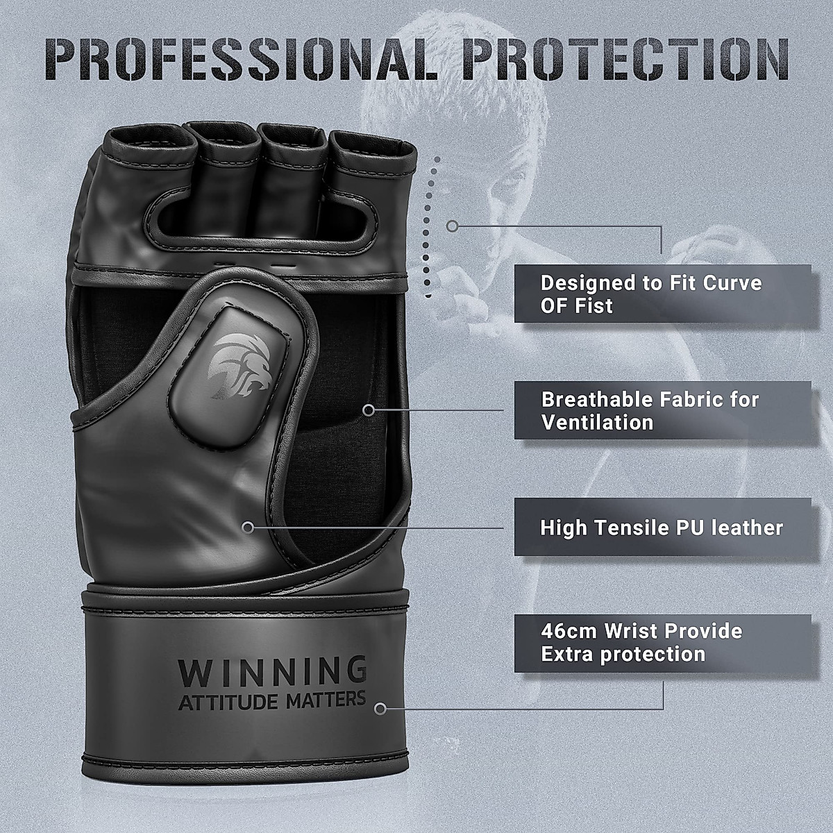 WAMM Sports MMA Gloves - for Men & Women - MAXForce EVE Anti-Injury Shock Absorb Boxing Gloves - POWERFlex Kickboxing Gloves - Half Finger, Open Palm for Muay, Sparring, Punching Bag (Large/X-Large)