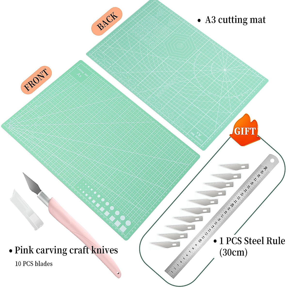 KALAIEN Self Healing Cutting Mat, 18"x12" Cutting Sewing Mat for Craft, 1 Pcs Pink Craft Knife,Steel Rule, 10 Pcs Stainless Steel Blade Kit