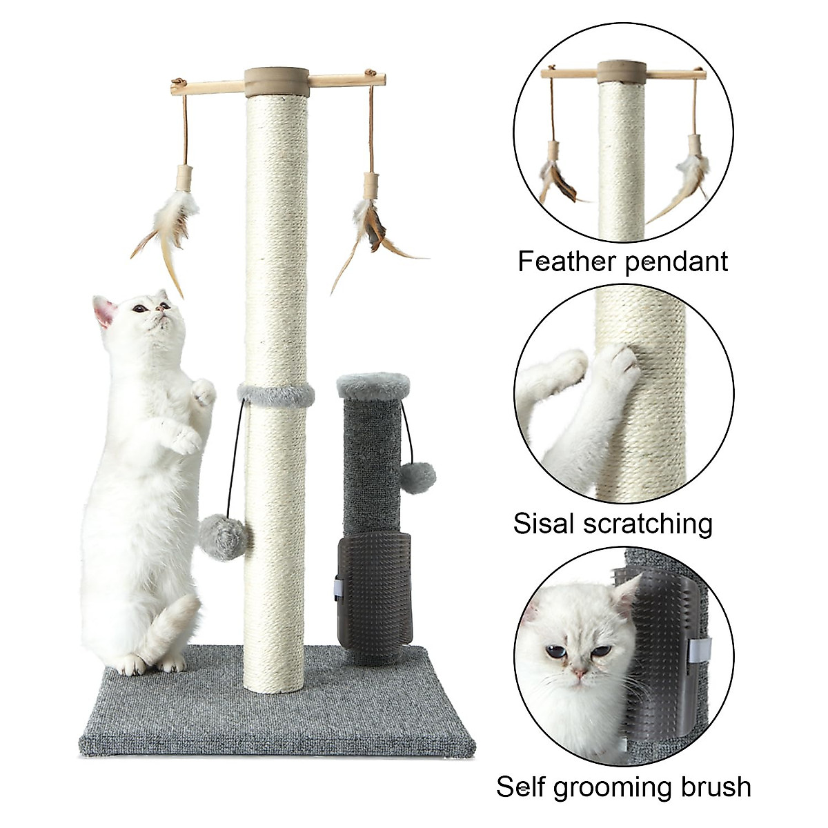 PAWSFANS Cat Scratching Post,Sisal Scratch Posts Vertical Scratcher for Indoor Cats and Kittens,with self Grooming Bursh and Interactive Toys 30 Inches Tall Grey