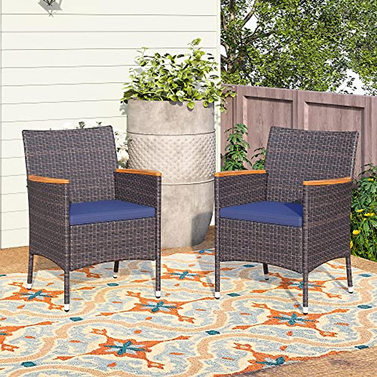 PHI VILLA 35" Rattan Patio Dining Chairs, Outdoor Furniture Wicker Dining Chairs with Removable Cushions Perfect for Backyard, Bistro, Garden, 2pcs, Black