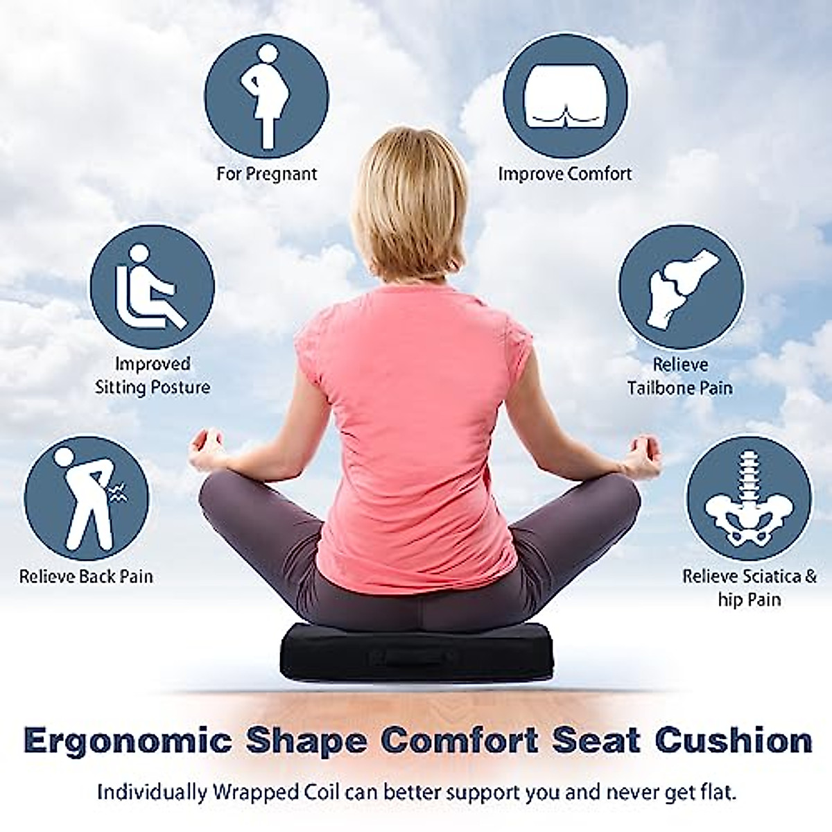 baibu Patented Spring Coil Seat Cushion Chair Pad 19 x 17x 3 Inch, Dual Layer Bamboo Charcoal Foam Chair Cushions with Carry Handle Non Slip Bottom, Machine Washable (Black (1PACK))