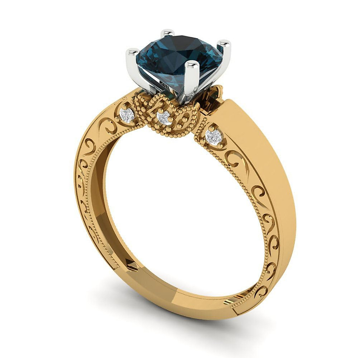 Clara Pucci 1.8 ct Round Cut Solitaire Natural London Blue Topaz Accent Art Deco Bridal Wedding Statement ring 18K 2 tone Gold Size 7