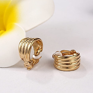 Small Gold Clip On Hoop Earrings for Women Unique Textured Chunky Hoops Clip Earrings No Pierced