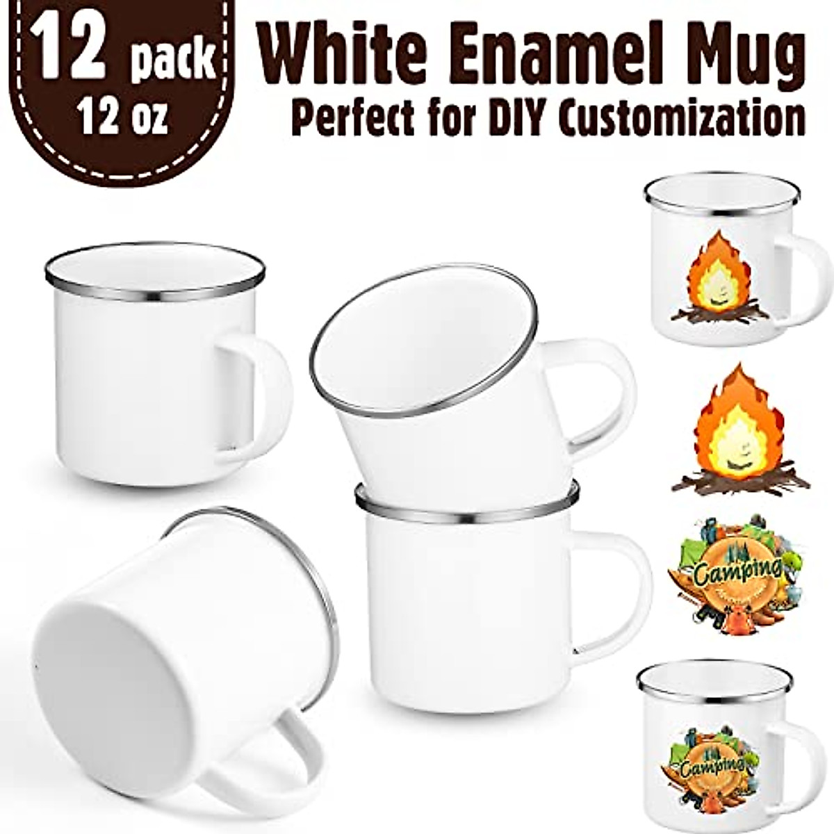 Mimorou 12 Pack Sublimation White Blanks Enamel Coffee Mug Set,12 oz Camping Outdoor Tea Camp Drinking Cups Travel Metal Skinny Mug with Silver Rim for Camping Picnic Office Home Use