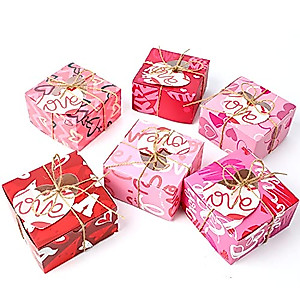VEYLIN 24PCS Valentine Boxes for Treats, 4”x4”x2.4” Valentines Day Cookie Boxes Cupcake Bakery Boxes with Windows Heart Boxes for Strawberries 6 Designs