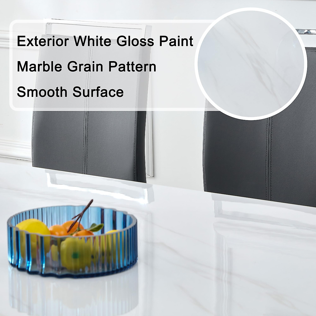 Dining Table Set for 6,White Glossy Kitchen Table and Chairs,67" Marble Decals Kitchen Table Set 6 with PU Leather Dining Chairs,1.57" Thick MDF Wood Board Top with Chrome Plate Sliver Metal Base