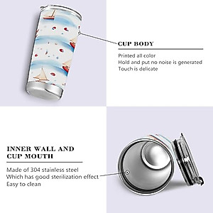 Wassud Boat Pattern 20 oz Tumbler with Lid and Straw Stainless Steel Double Wall Vacuum Tumblers Insulated Travel Coffee Mug for Cold and Hot Drinks