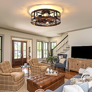 REDSTAR Retro Small Ceiling Fan with Light Remote Control, Ceiling Fans with Lights Flush-Mount, Low-Profile Ceiling Fan with Light, Caged Ceiling Fan with Light (Black)