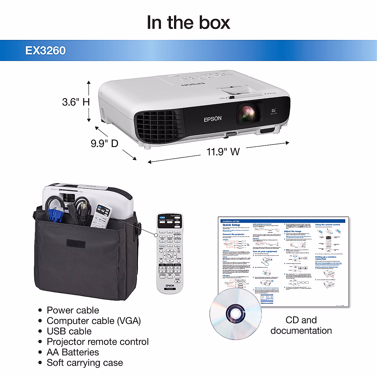 Epson EX3260 SVGA 3,300 lumens color brightness (color light output) 3,300 lumens white brightness (white light output) HDMI 3LCD projector
