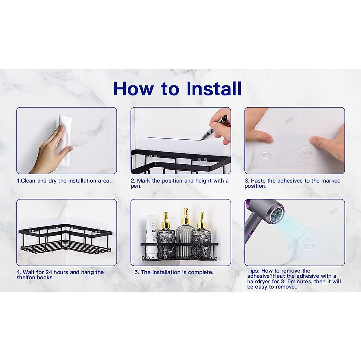 HQJUN Adhesive Shower Caddy, 3 Pack Rustproof Stainless Steel Bath Organizers With Large, Non drilling bathroom rack No Drilling Shelves for Bathroom Storage & Home Decor (Black)